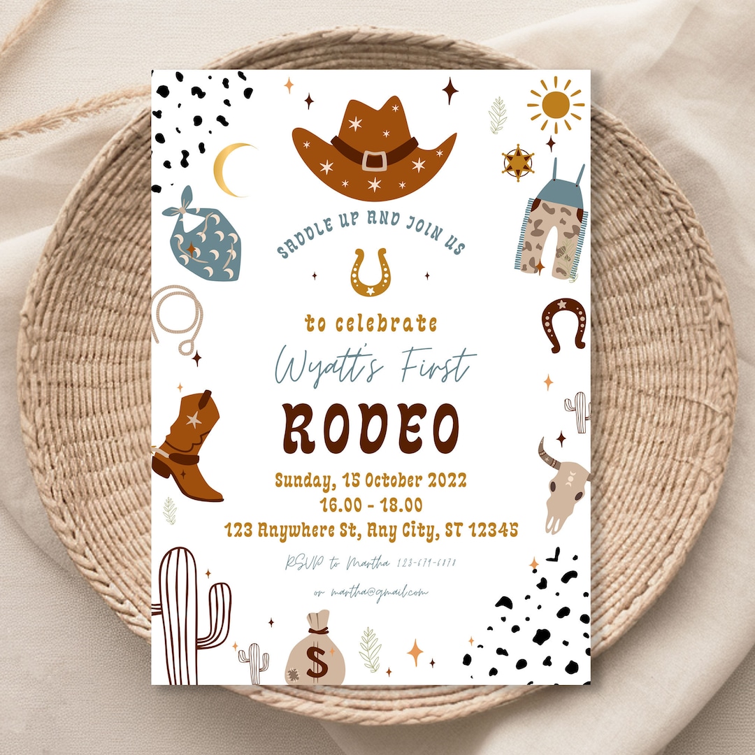 Editable My First Rodeo Invitation Cowboy Birthday Invite Wild West ...