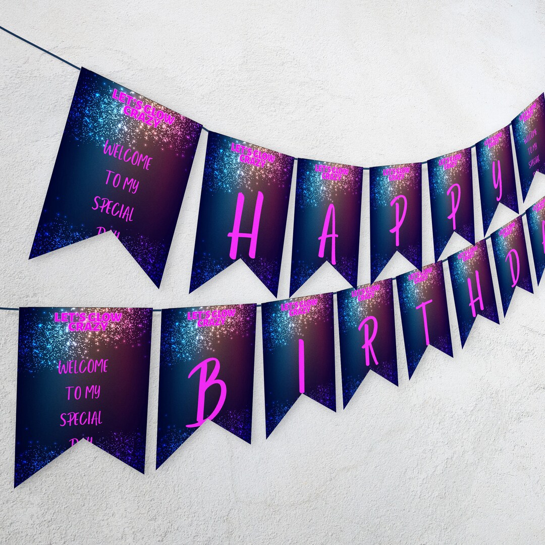 Editable Neon Glow Birthday Banner, Glow in the Dark Birthday Party ...