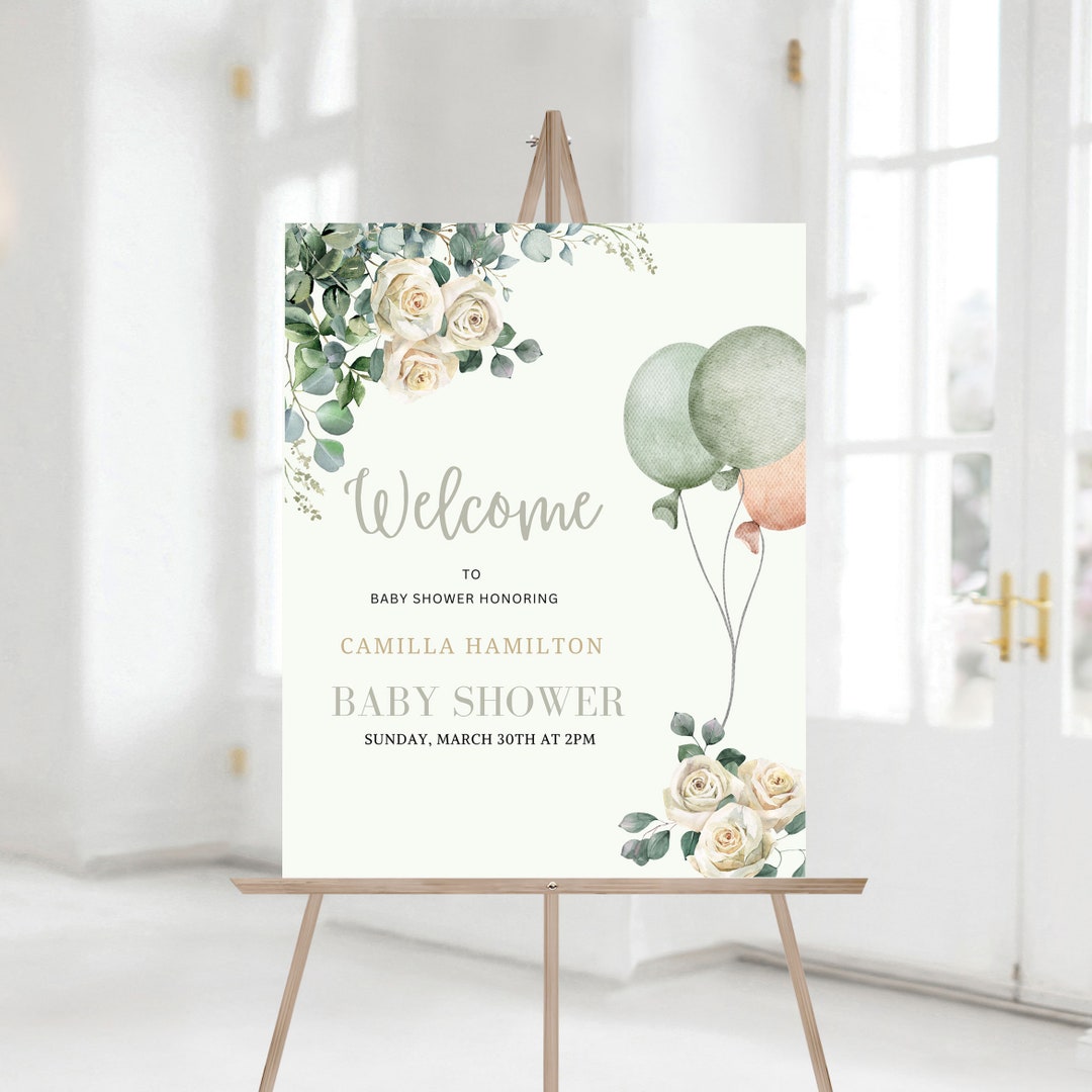 Editable Sage Green Baby Shower Welcome Sign Sage Balloons Gender ...