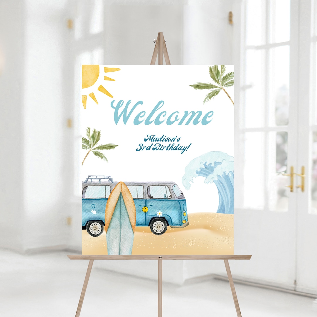 Editable Surf's up Birthday Party Welcome Sign Retro Surfboard Beach ...