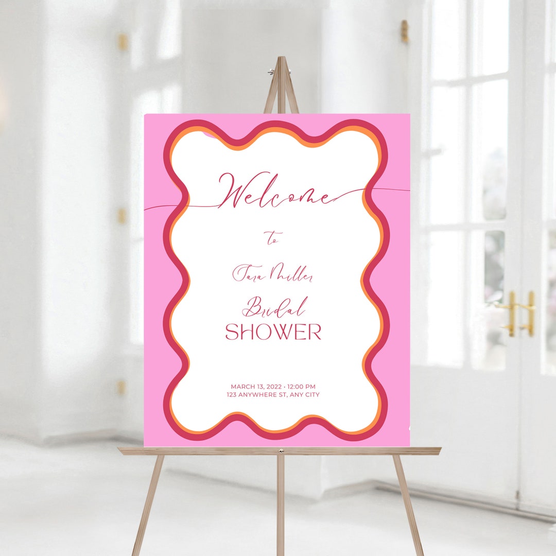 EDITABLE Pink Red Wavy Border Bridal Shower Welcome Sign, Wavy Border ...