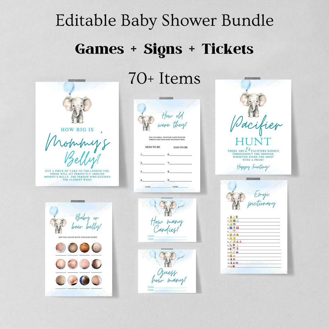 Elephant Baby Shower Games Bundle, Blue Elephant, Instant Download ...