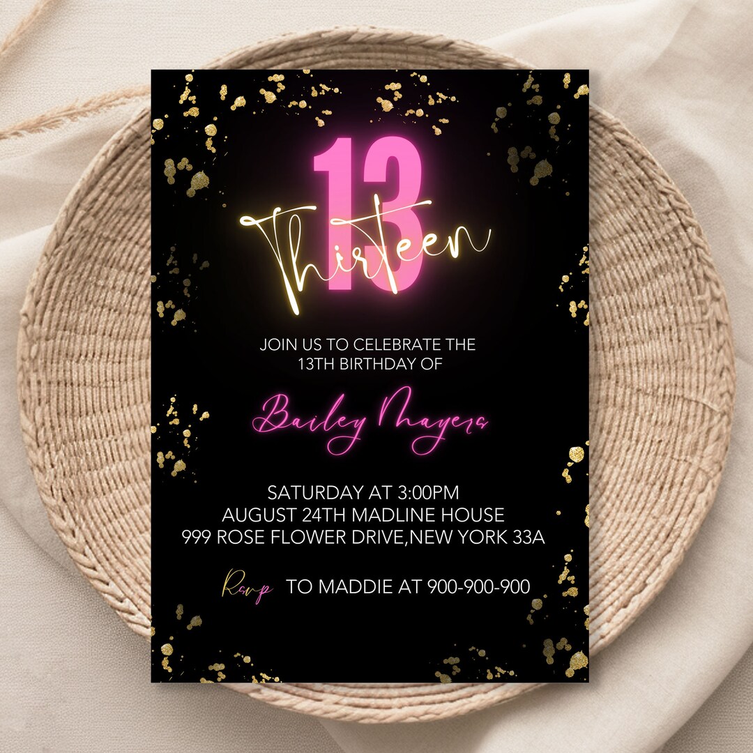 13th Birthday Invitation for Girl, Gold Glitter Pink Neon, Editable ...