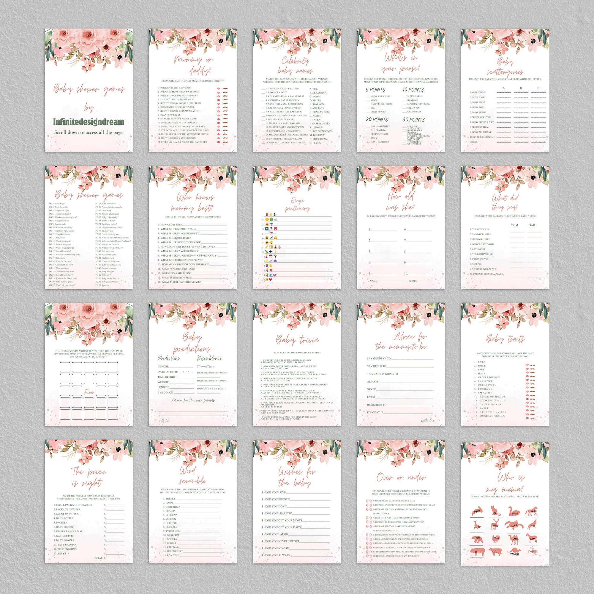 Blush Pink Floral Baby Shower Games Bundle, Editable Baby Shower Games ...