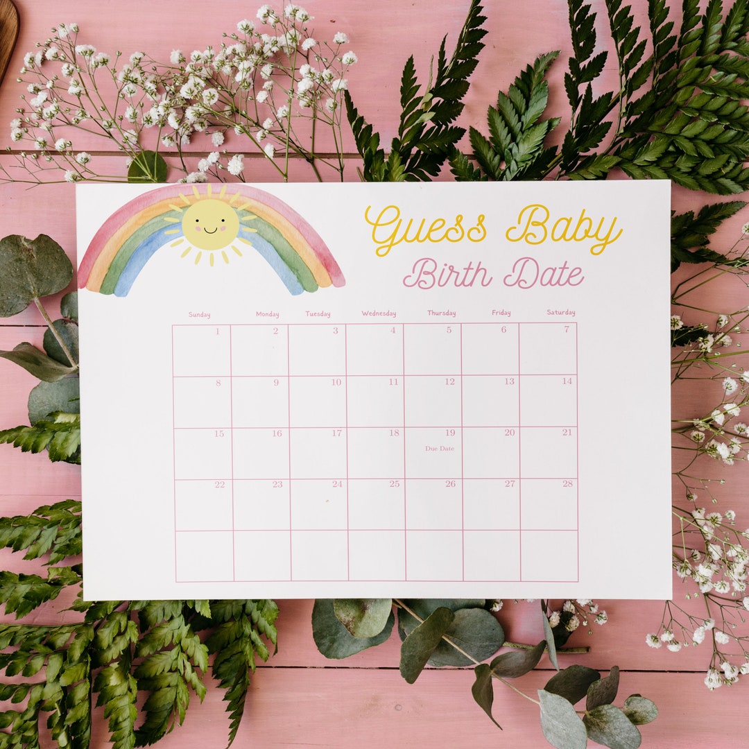 Editable Sunshine Rainbow Baby Shower Due Date Calendar, Guess Birth ...