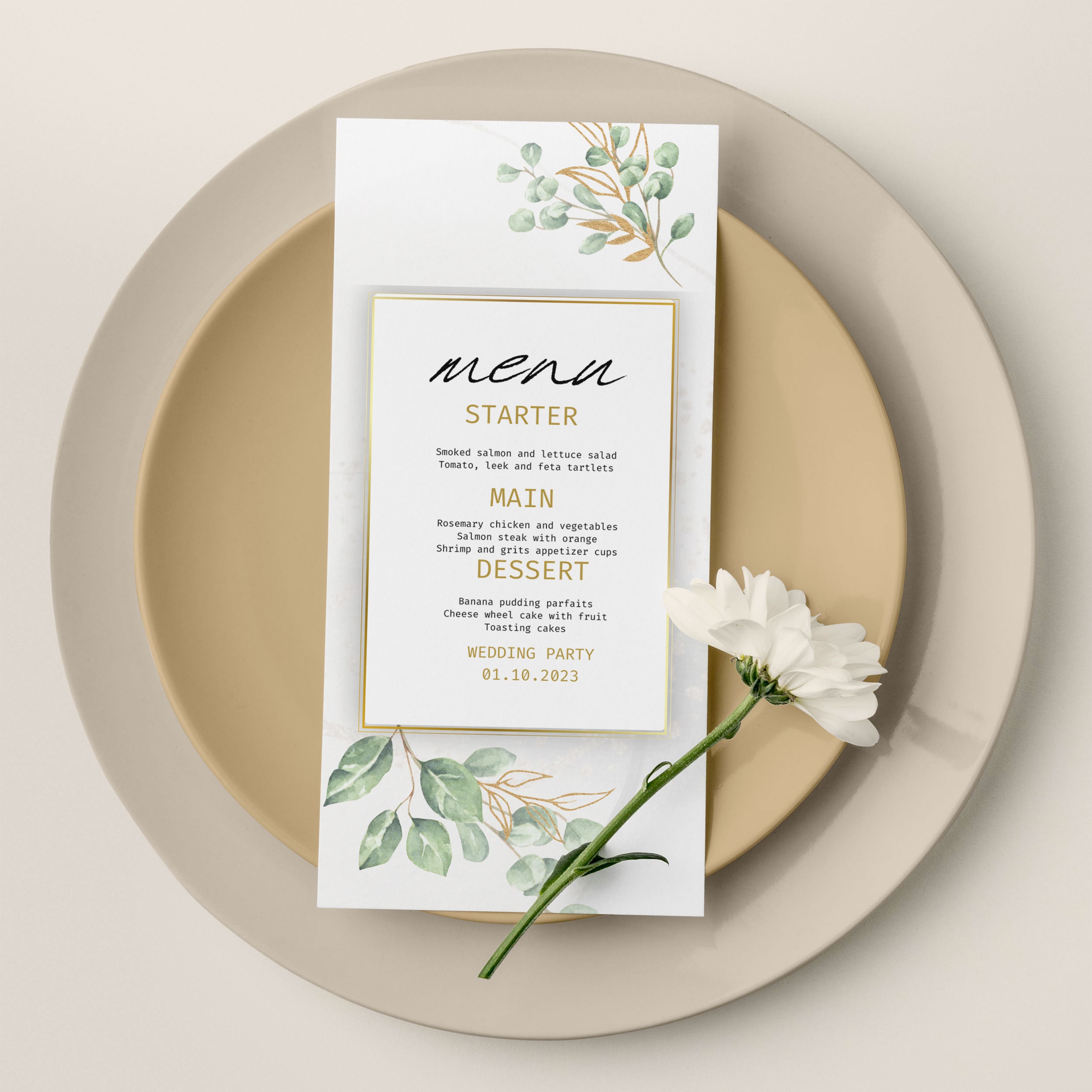 ROYALTY Eucalyptus and Gold Frame Wedding Menu Download Template ...