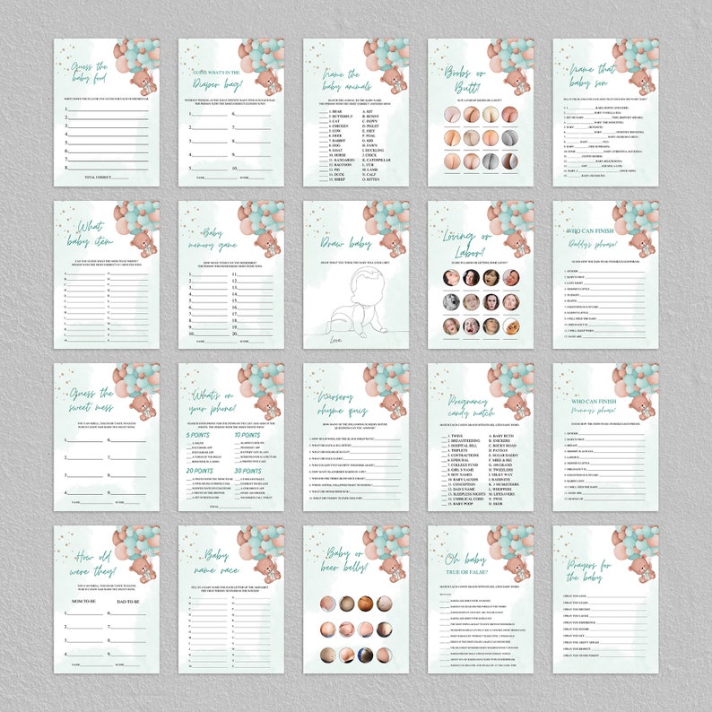 Teddy Bear Baby Shower Games Printable, Editable Baby Shower Games Bundle, Baby Shower Games ...