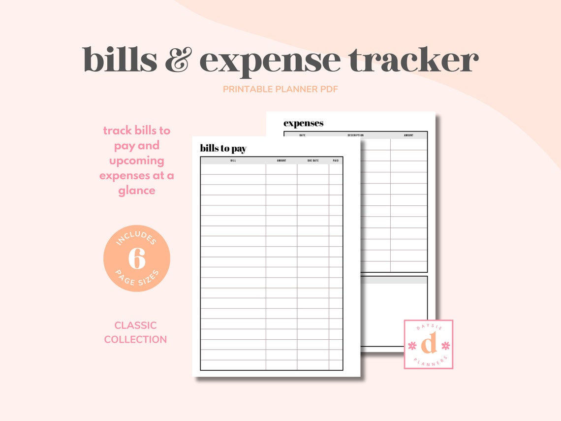 BILLS & EXPENSE TRACKER • Classic • Printable • Paycheck Planner ...
