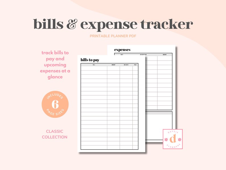 BILLS & EXPENSE TRACKER • Classic • Printable • Paycheck Planner ...