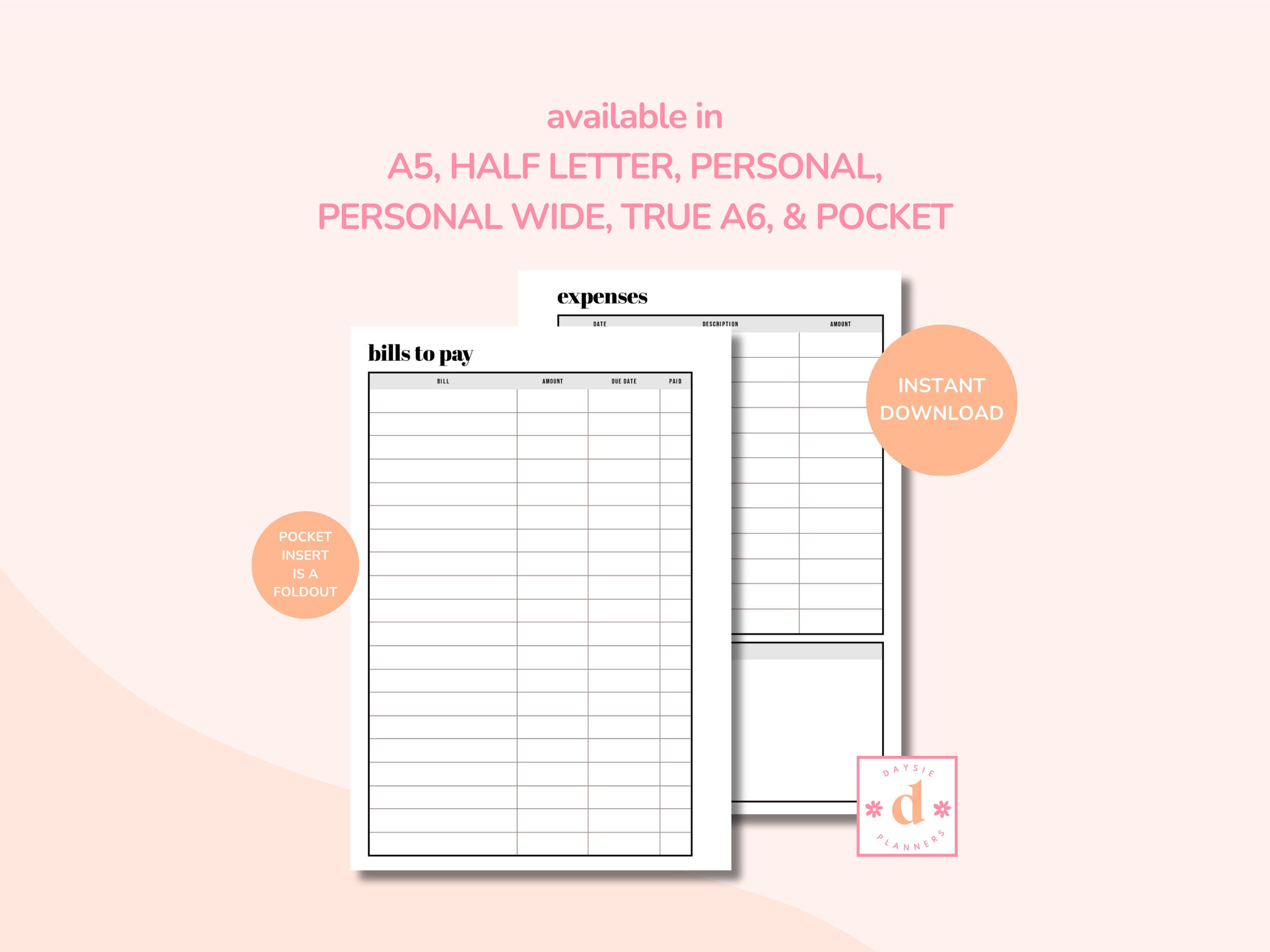 BILLS & EXPENSE TRACKER Classic Printable Paycheck Planner Finance ...