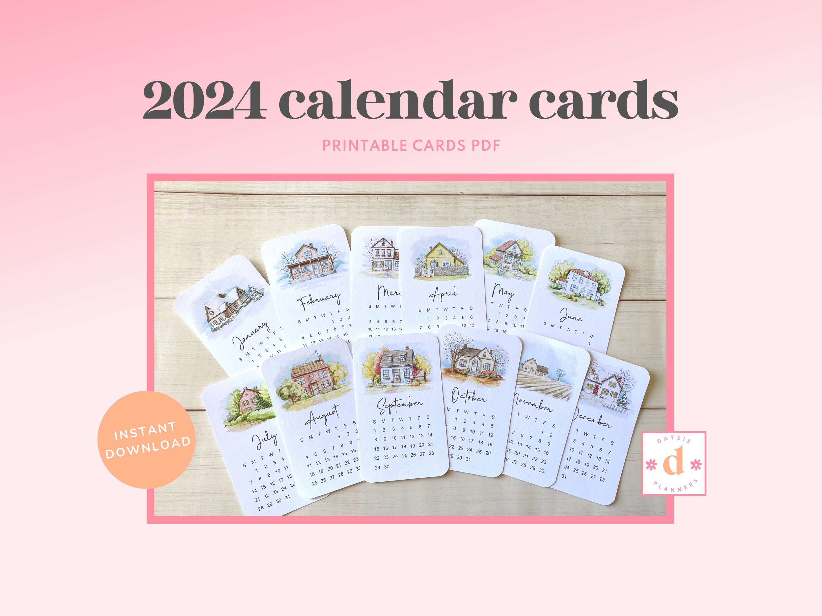 Calendar Cards 2024 • Monthly • Watercolor Houses • Planner Cards ...