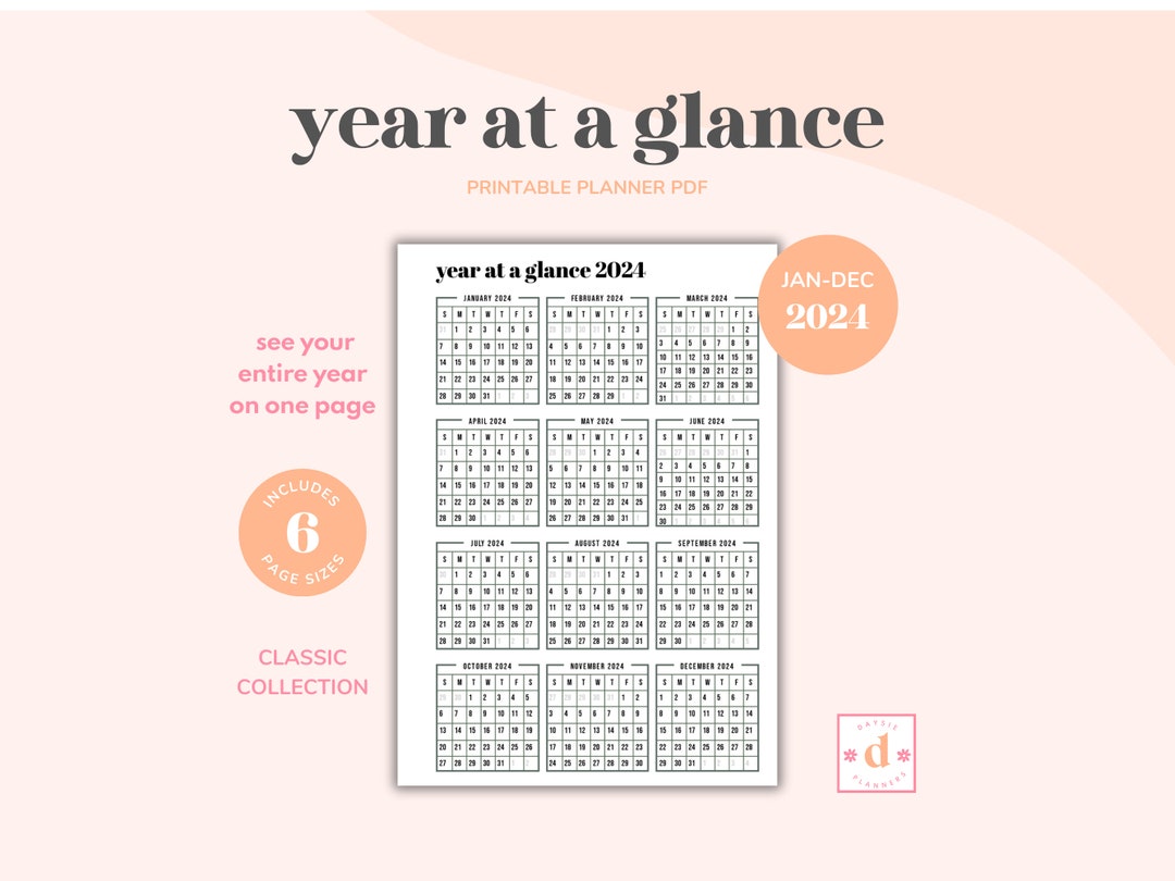 2024 Year at a Glance • CLASSIC • 2024 Calendar • Printable • Yearly ...