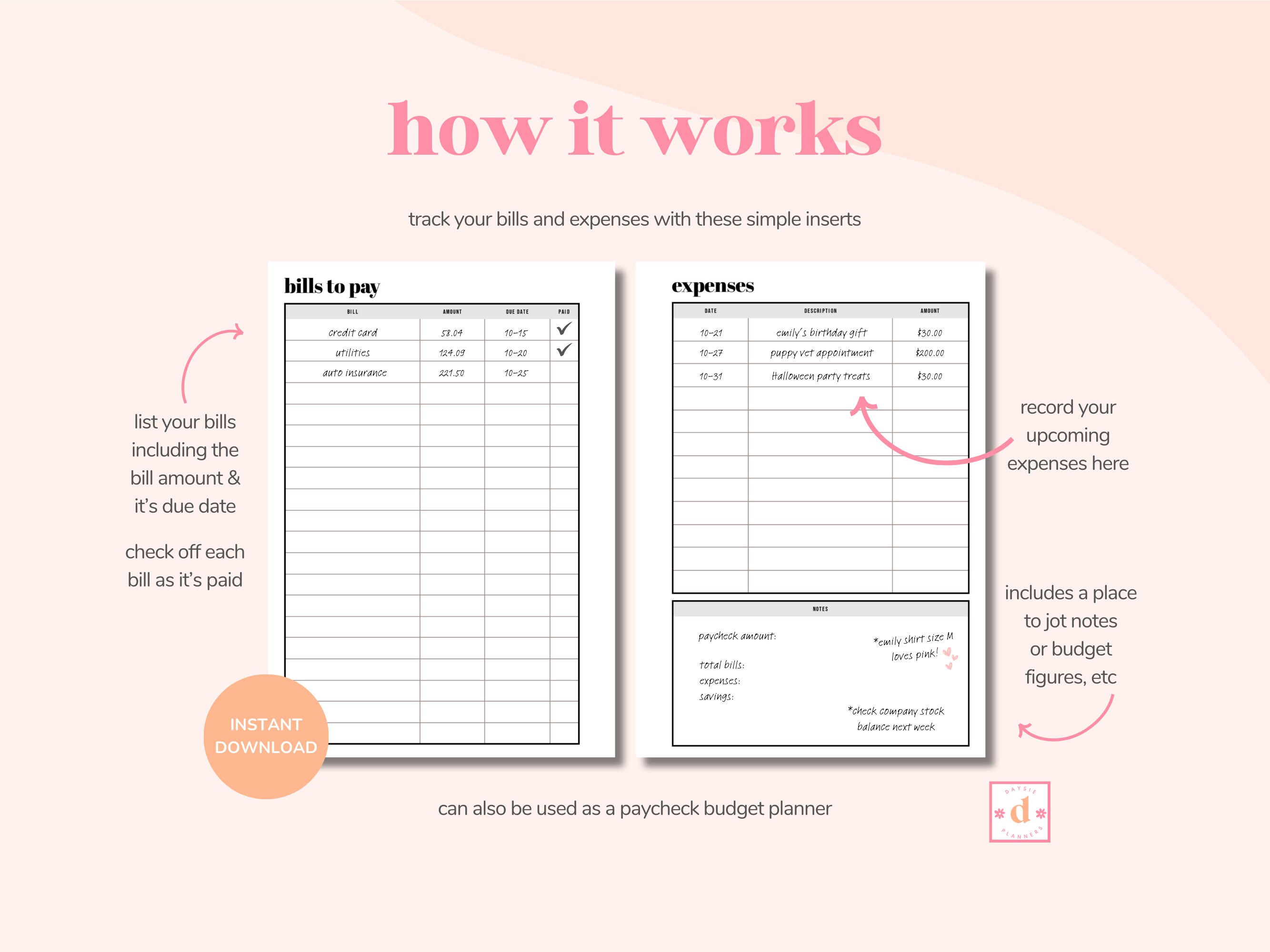 BILLS & EXPENSE TRACKER Classic Printable Paycheck Planner Finance ...