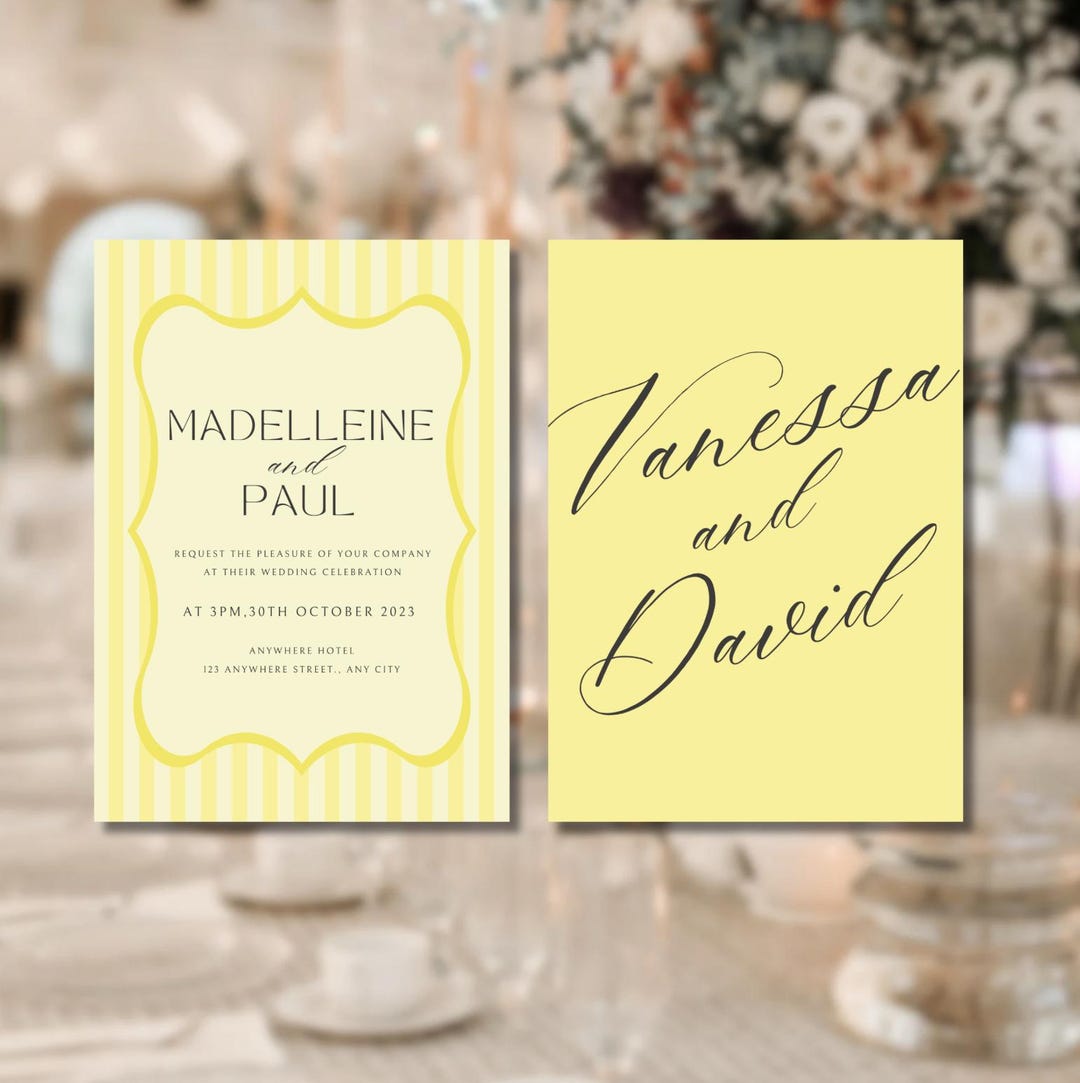 Butter Yellow Retro Striped Wedding Invitation Save the Date, Whimsical ...