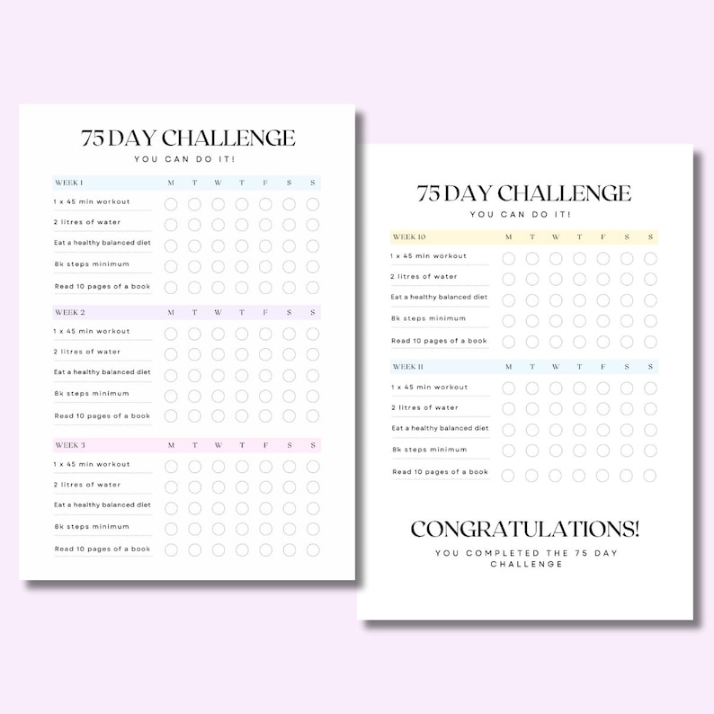 75 Day Challenge Fully Customisable Check List - Etsy