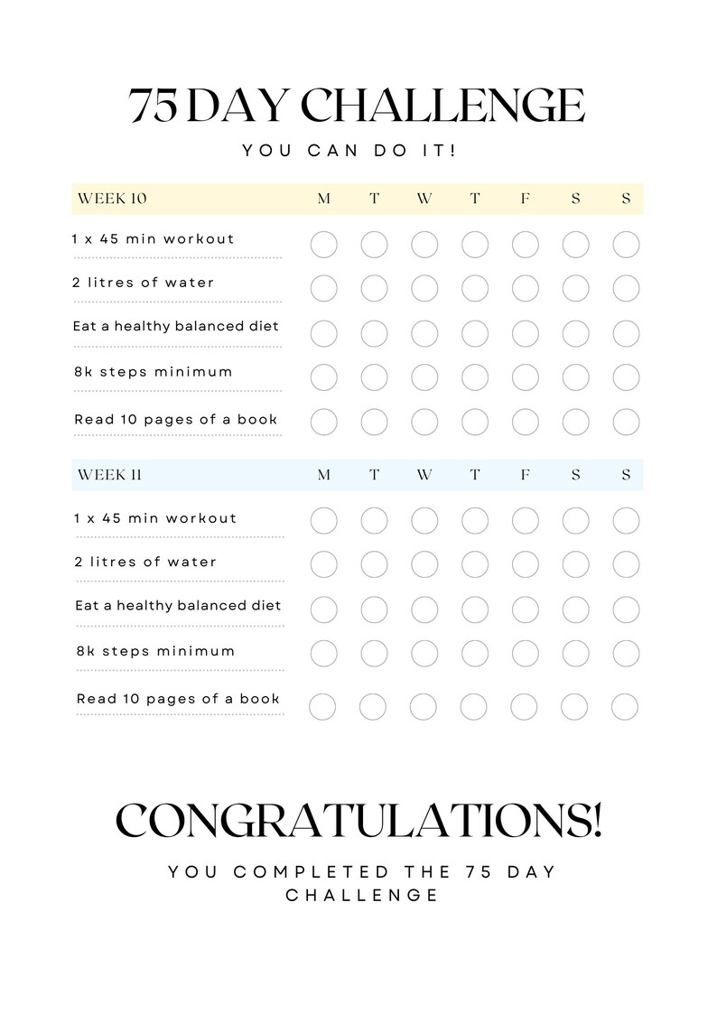 75 Day Challenge Fully Customisable Check List - Etsy