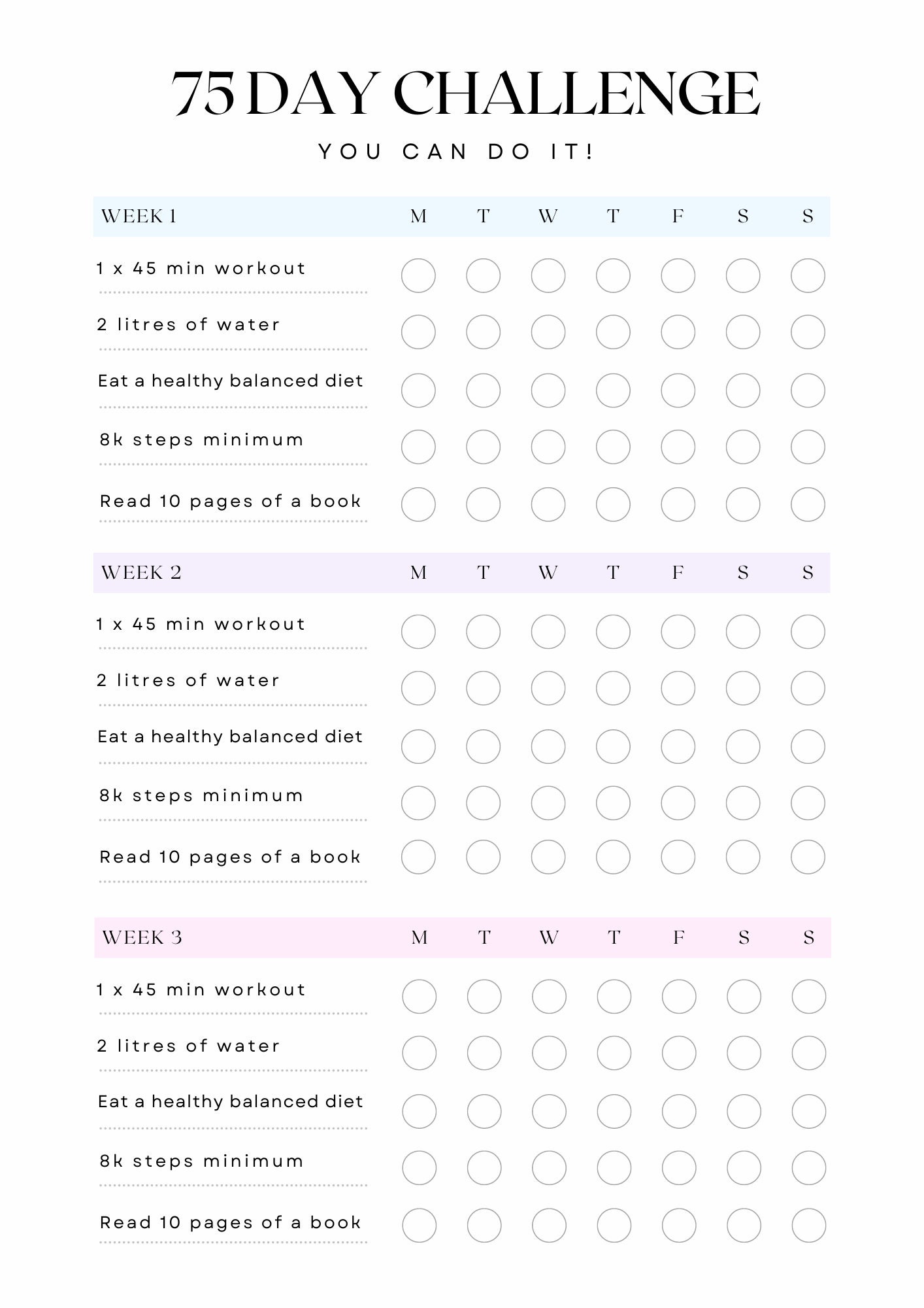 75 Day Challenge Fully Customisable Check List - Etsy