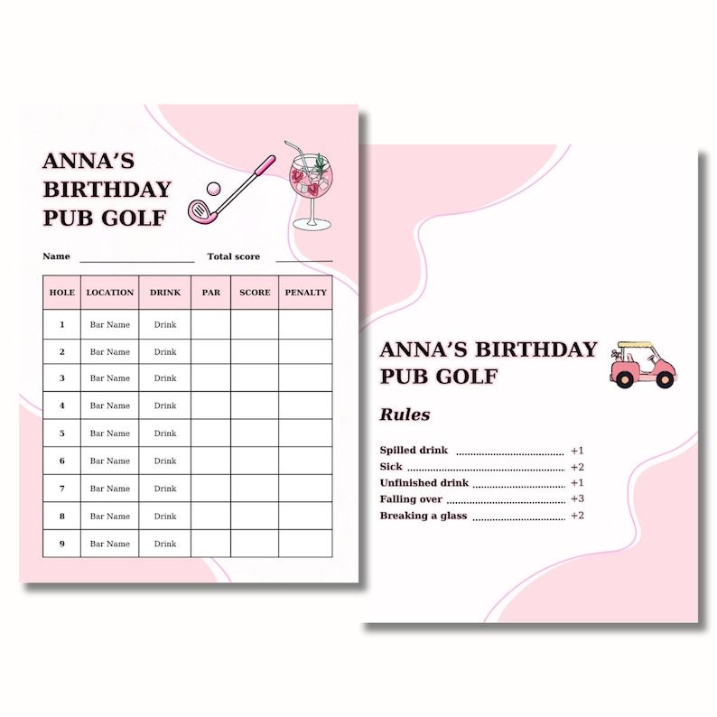 Customisable Pub Golf Scorecard Templates - Pink - Etsy