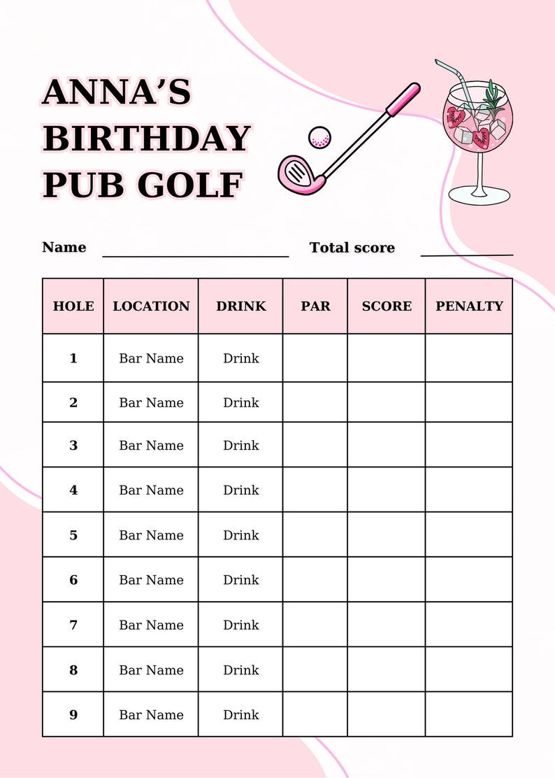 Customisable Pub Golf Scorecard Templates - Pink - Etsy