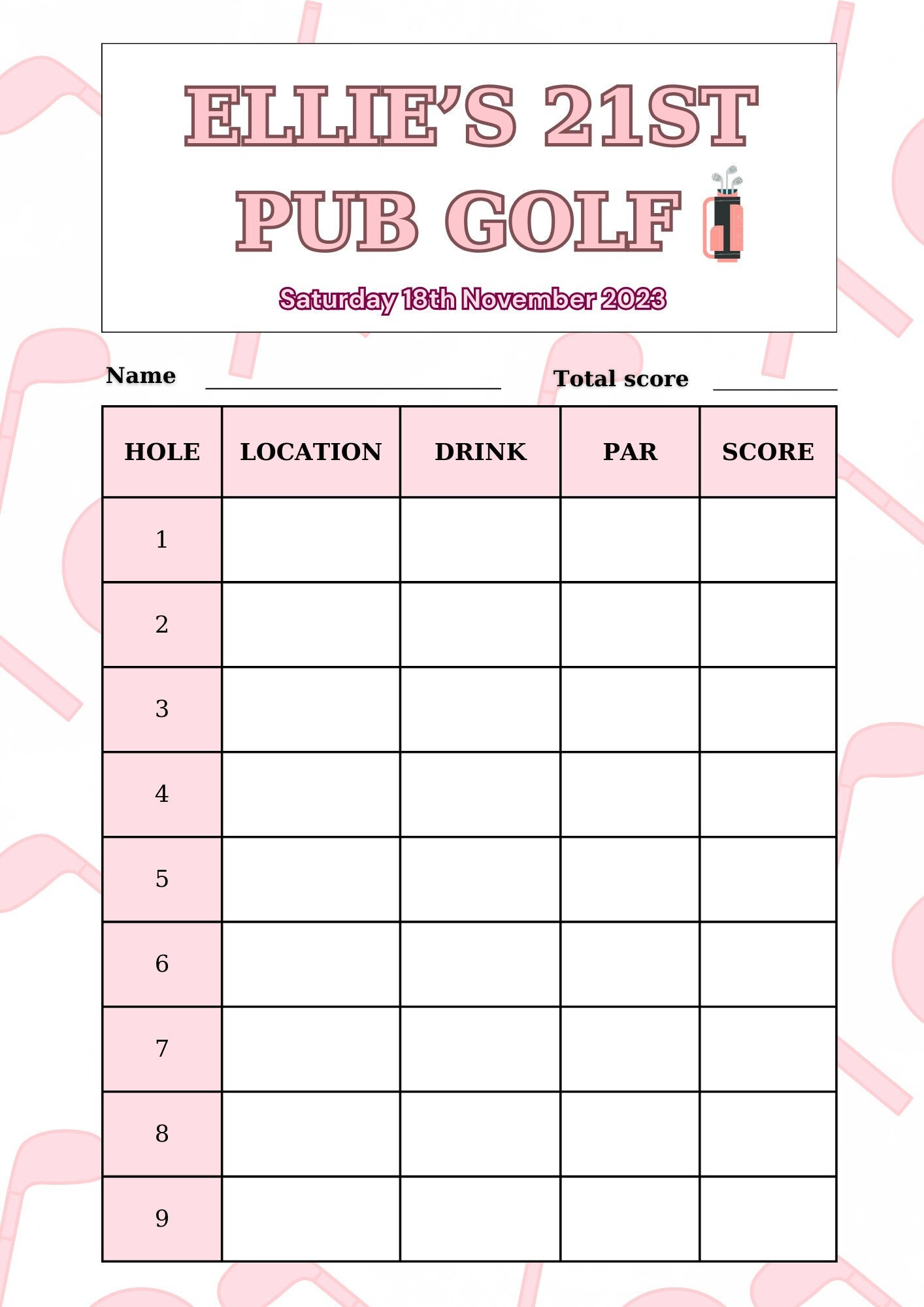 Customisable Pub Golf Scorecard Templates Pink - Etsy