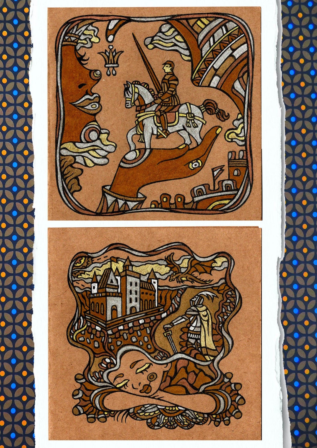 Original Hand-drawn Brown Paper Cards faraway Kingdom. Set of 2 With ...