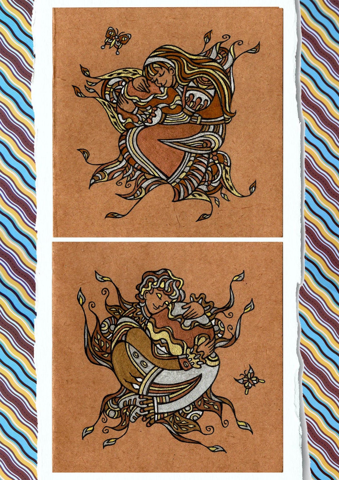 Original Hand-drawn Brown Paper Cards dreamworld. Set of 2 With ...