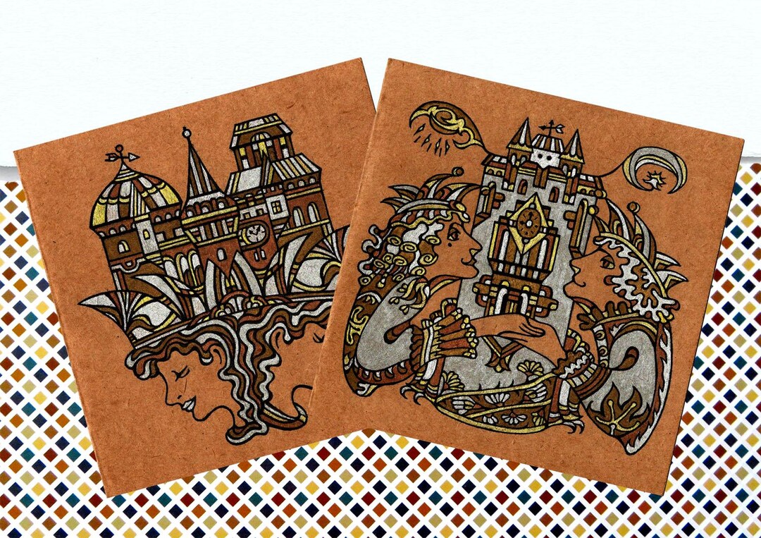 Original Hand-drawn Brown Paper Cards queens AND Kings. Set of 2 With ...