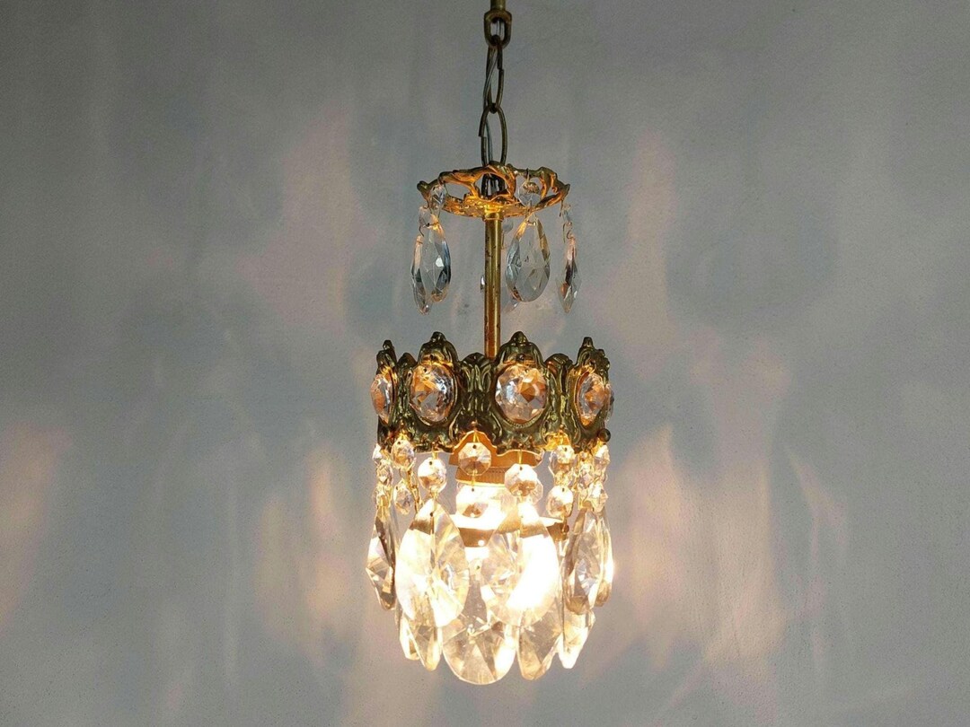 French Small Antique Brass & Crystals Chandelier Ceiling Pendant Lighting Glass Lamp From 1960's ...