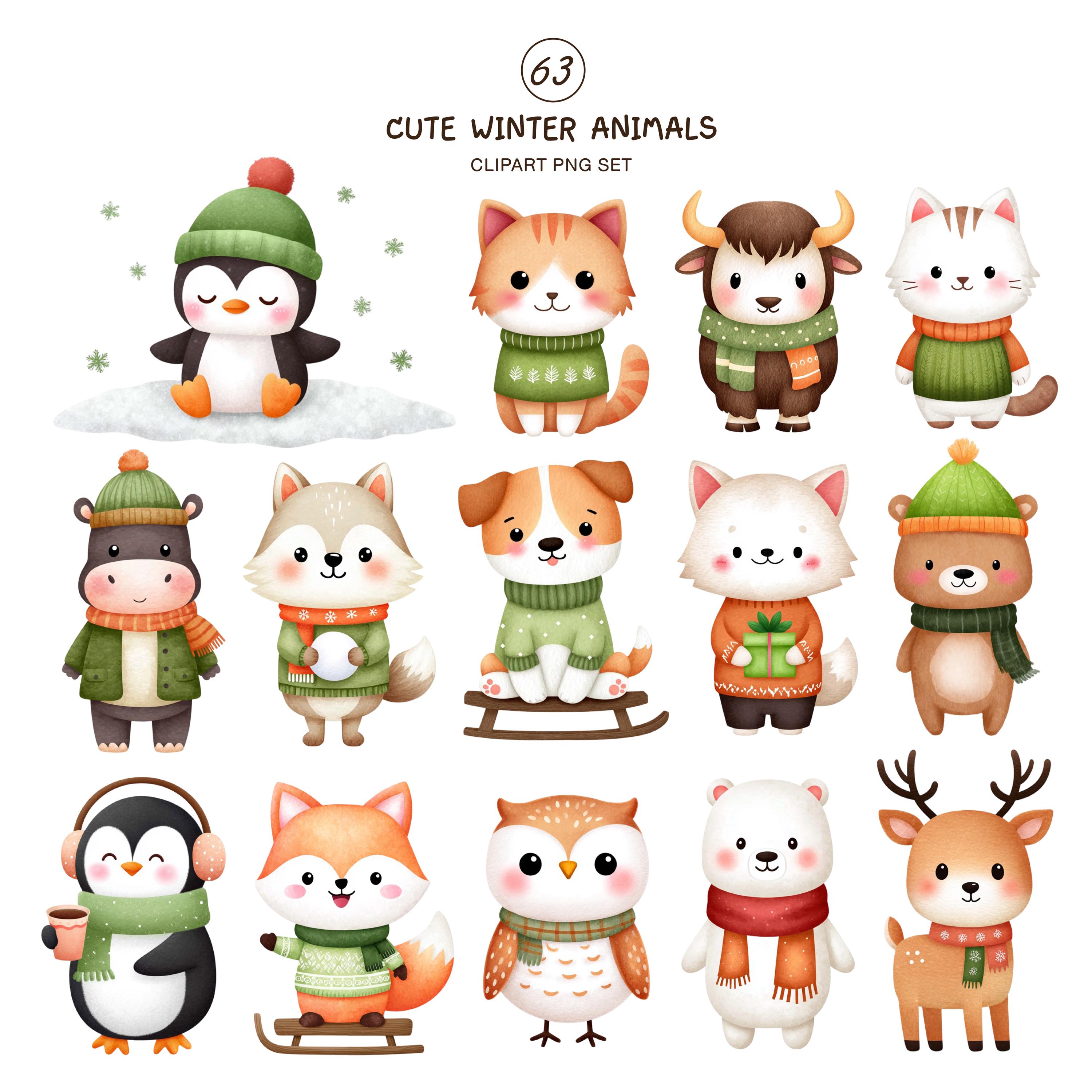 Cute Winter Animals Clipart | 63 PNG Illustrations (digital Download ...