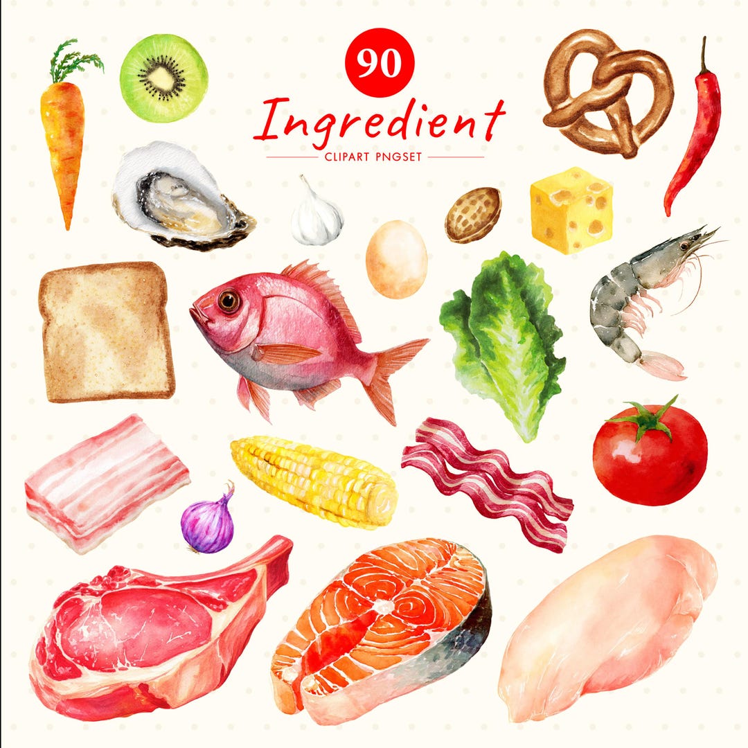 90 Food Ingredient PNG Transparent Background | Watercolor Cooking ...