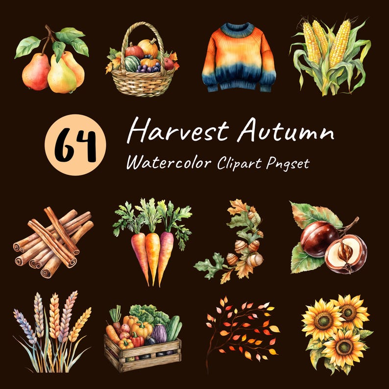 64 Watercolor Autumn Harvest PNG Clipart | Fall Fruits, Vegetables ...