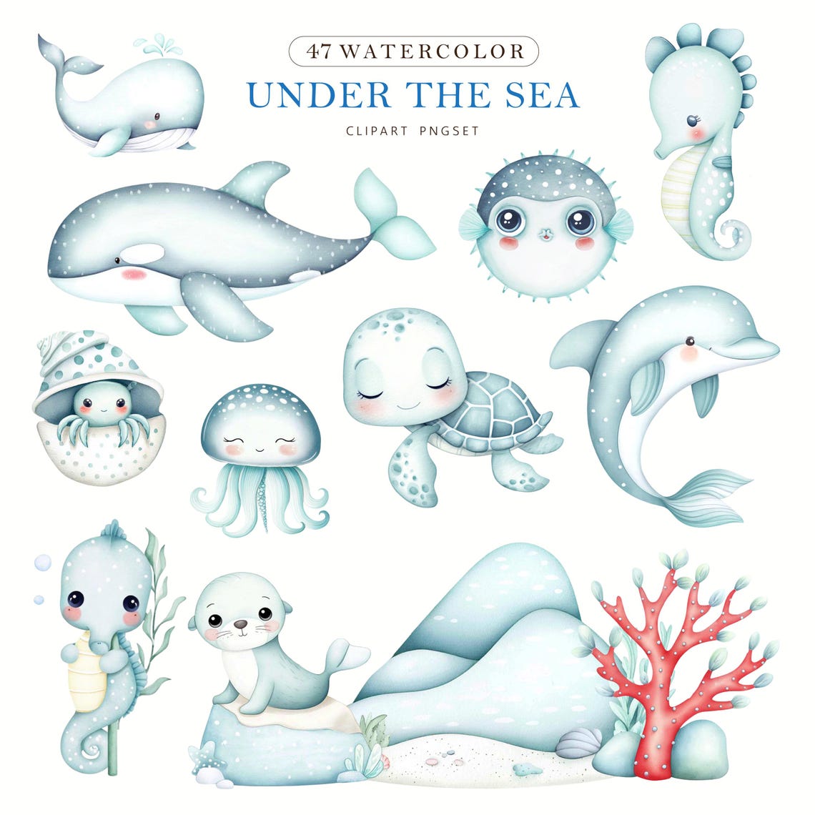 Watercolor Ocean Animals Clipart | Under the Sea Nursery (PNG, Digital ...