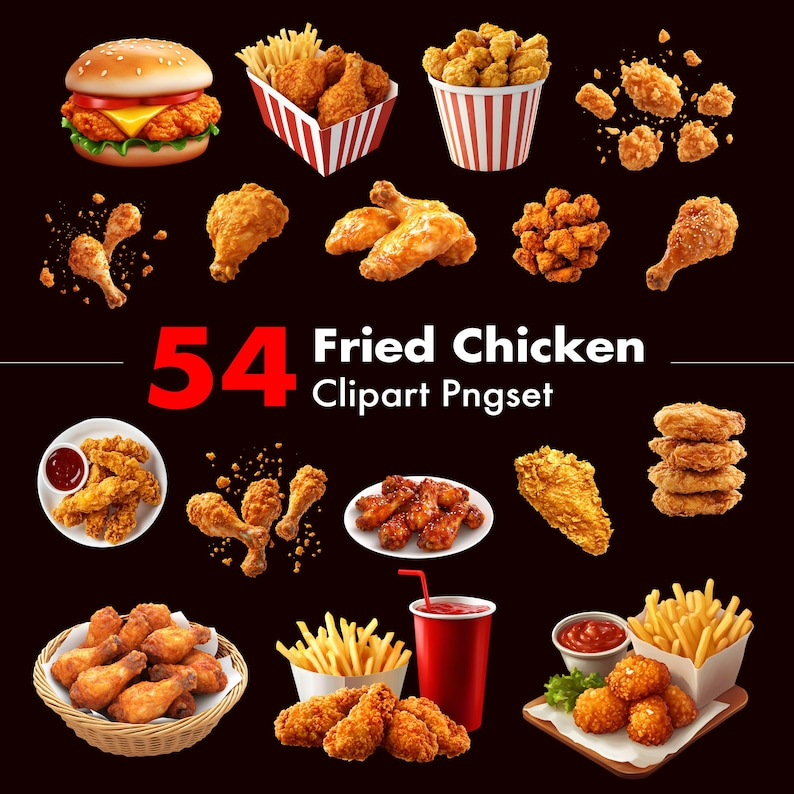 54 Fried Chicken PNG Clipart Bundle | Crispy Drumsticks, Wings, Bites ...