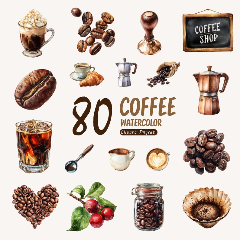 80 Coffee Watercolor PNG Clipart Set | Coffee Beans, Latte Art, Moka ...