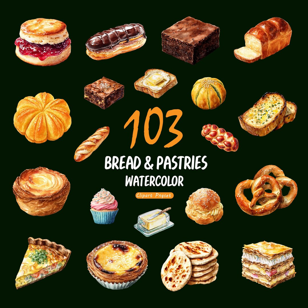 Watercolor Bread & Pastries Clipart Set | 103 PNG Graphics (digital ...