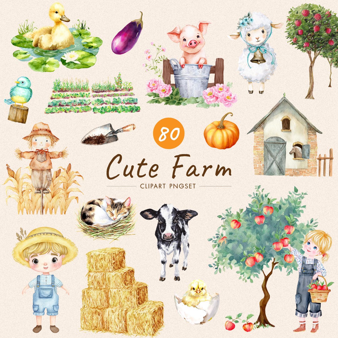 80 Cute Farm PNG Transparent Background | Watercolor Farm Animals, Barn ...