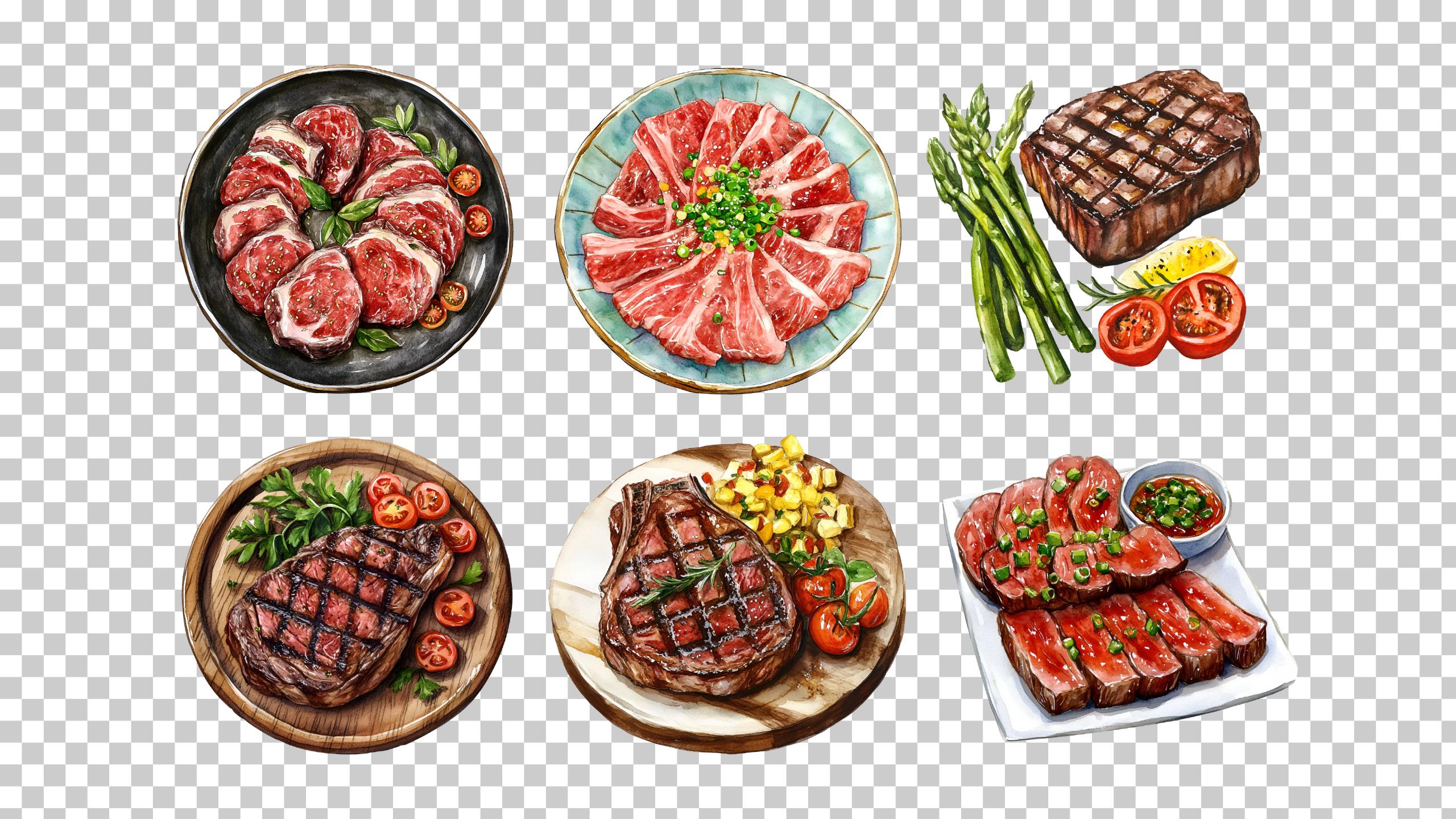 35 PNG - Watercolor Steak Clipart Set | Juicy Beef Steak, Grilled Meat ...
