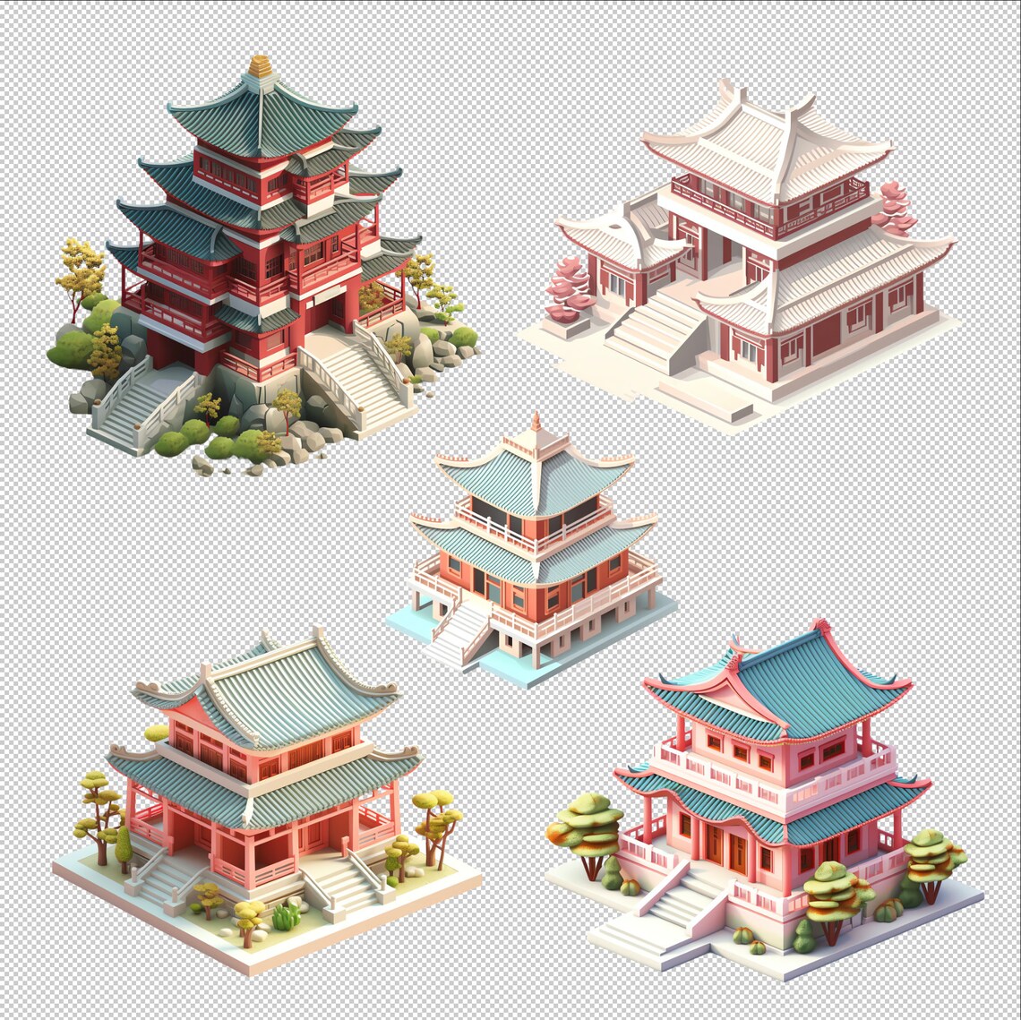 A Collection of Five Different Asian-style Buildings - Etsy