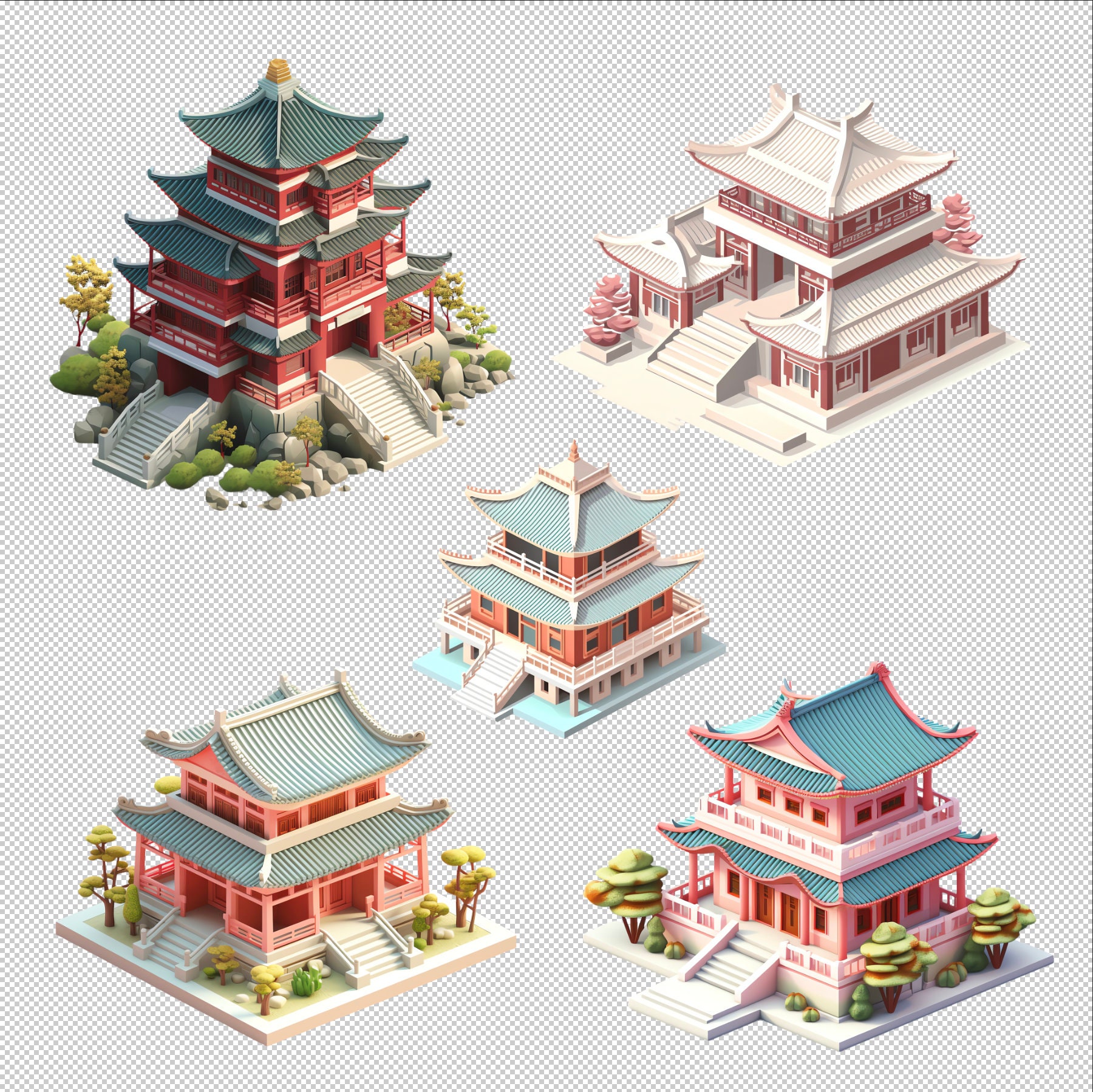 A Collection of Five Different Asian-style Buildings - Etsy