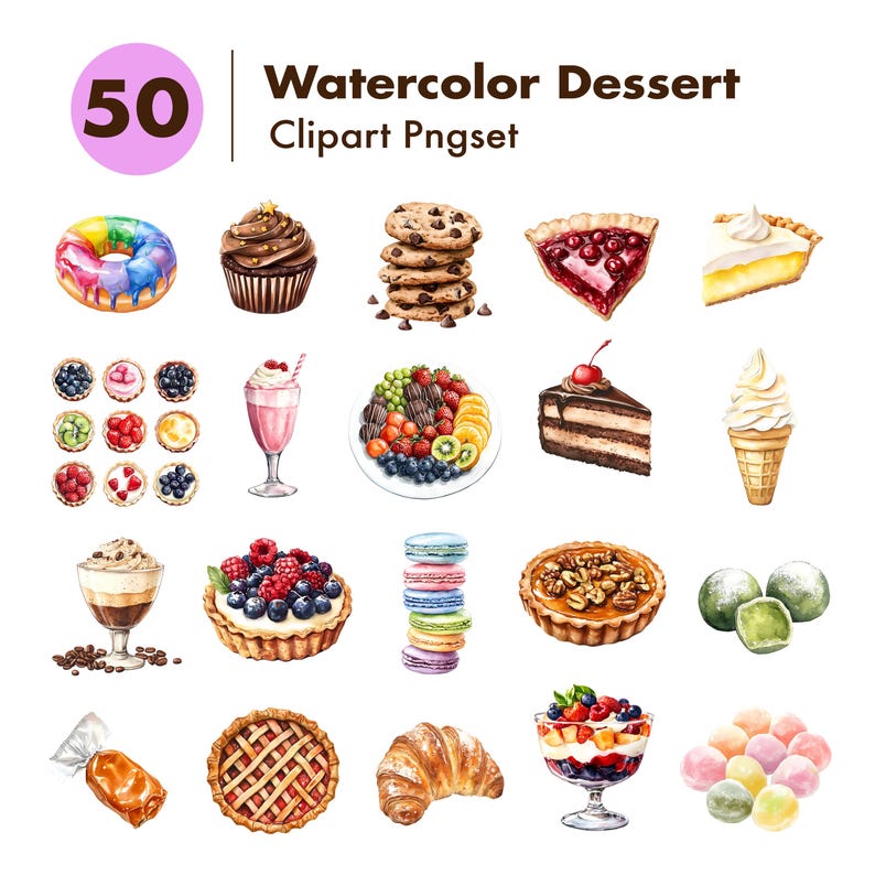 50 Watercolor Dessert PNG Clipart Set | Hand-painted Bakery Sweets ...