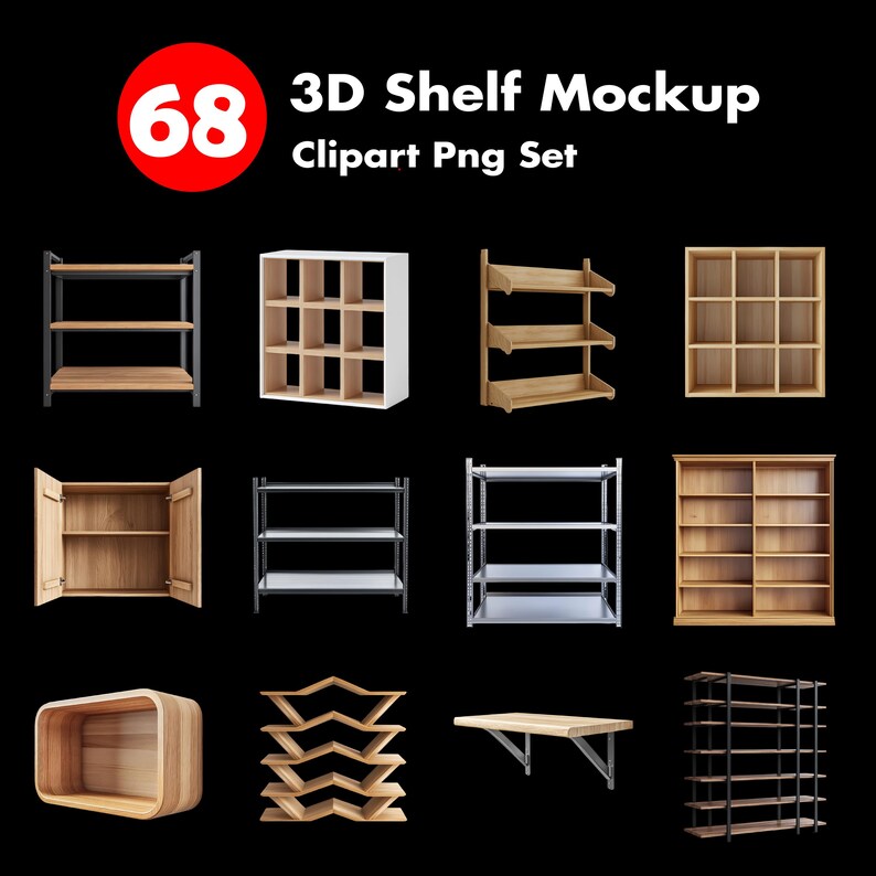 68 Shelf Mockup PNG Set | Transparent Pngs | 3D Bookcase, Cabinet, Wall ...