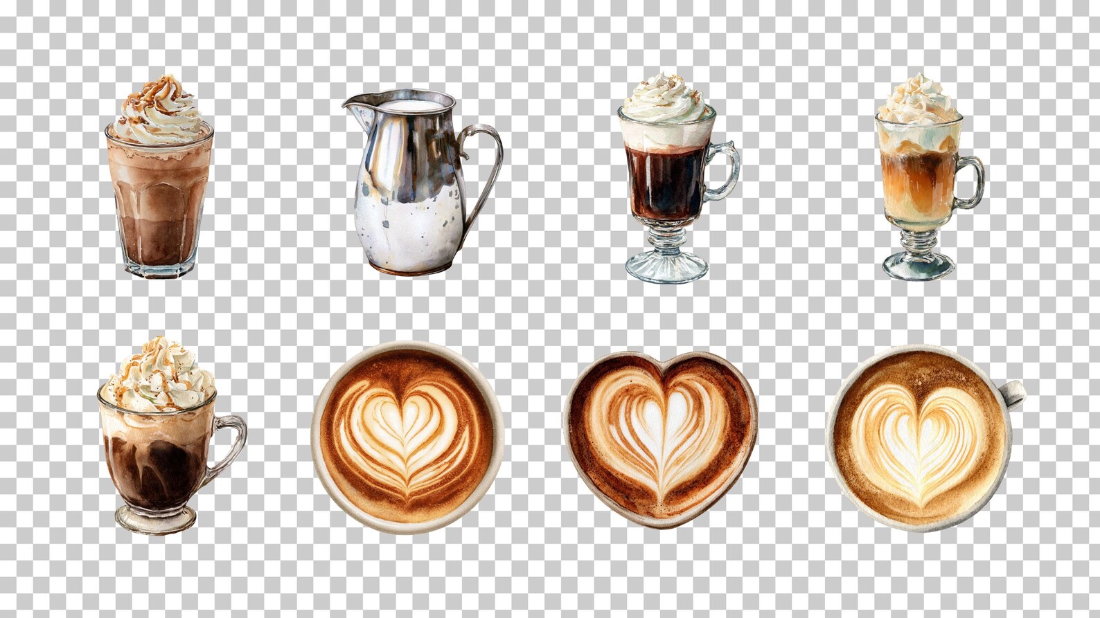 80 Coffee Watercolor PNG Clipart Set | Coffee Beans, Latte Art, Moka ...