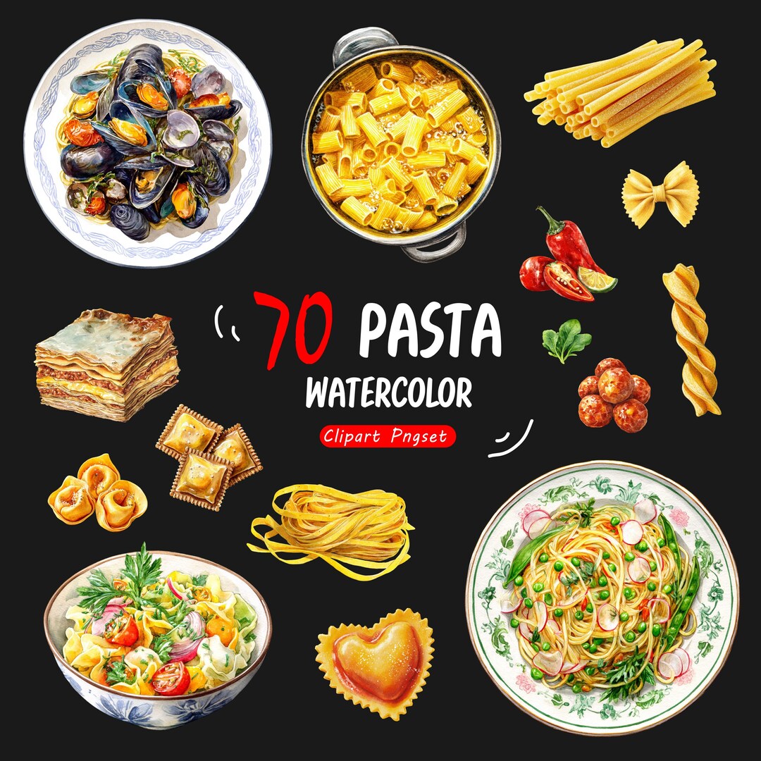 70 Pasta Watercolor Clipart PNG | Spaghetti, Lasagna, Ravioli, Penne ...