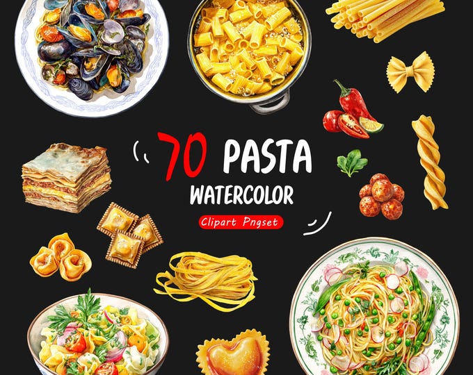 Pasta Watercolor Clipart, Pasta Machine, Ravioli, Penne Rigate, Fusilli ...