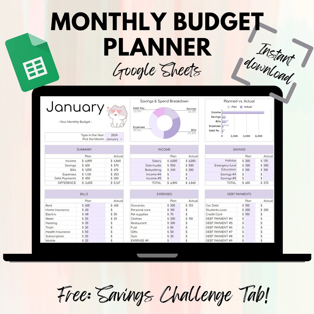 Monthly Budget Tracker | Google Sheets | Cute Kitty Design | Pastel ...