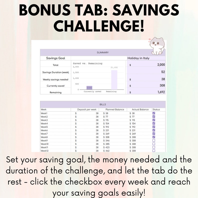 Monthly Budget Tracker | Google Sheets | Cute Kitty Design | Pastel ...