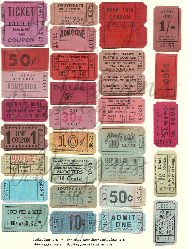 DIGITAL Vintage Tickets Printable, Old Ticket Images, Admit Bus ...