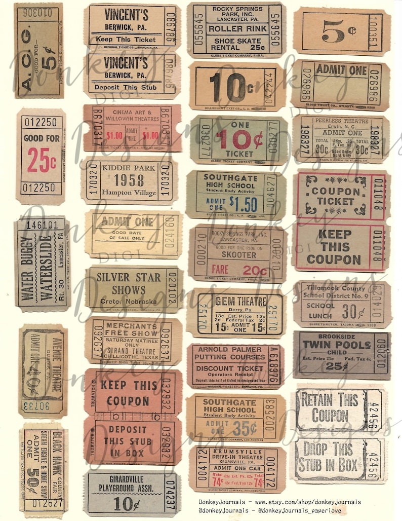 DIGITAL Vintage Tickets Printable, Old Ticket Images, Admit Bus ...