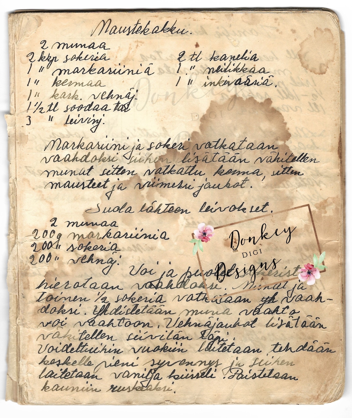 Vintage Recipe Book Pages, Handwritten Ephemera, Shabby Chic (digital ...