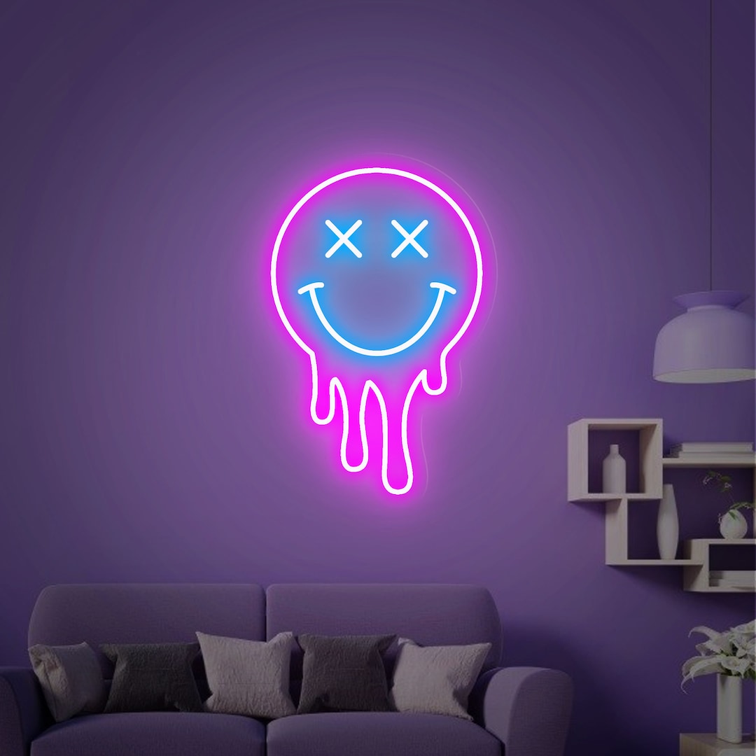 Melting Smiley Face Neon Sign, Dripping Smile, Face Neon Sign, Happy ...